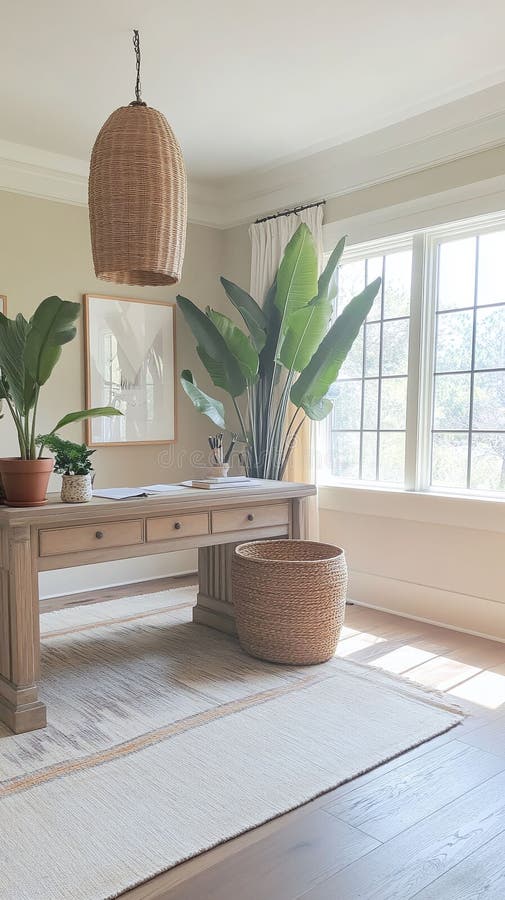 A Home Office with an Eclectic Desk Woven Baskets and Greenery in ...
