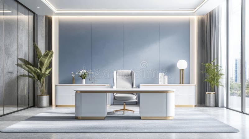 Home Office in Elegant Blue with Scenic Window Views Stock Image ...