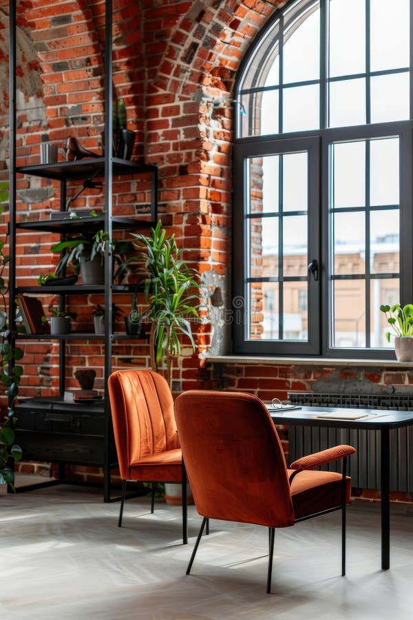 Cozy Home Office with Brick Wall and Modern Furniture in Vibrant Design ...