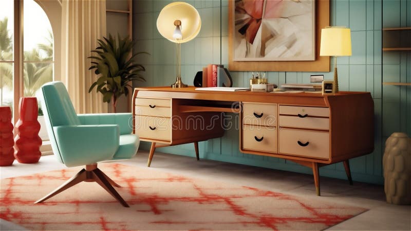 Generative AI, Timeless Work: a Mid-Century Modern Home Office Stock ...