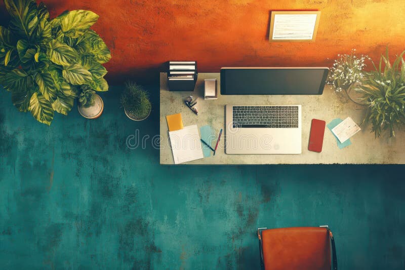 Home Office Flat Design Top View Workspace Water Color Split ...