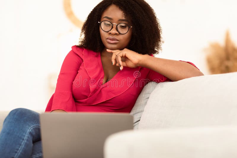 Focused Black Woman Sitting on Sofa with Pc Stock Image - Image of home ...