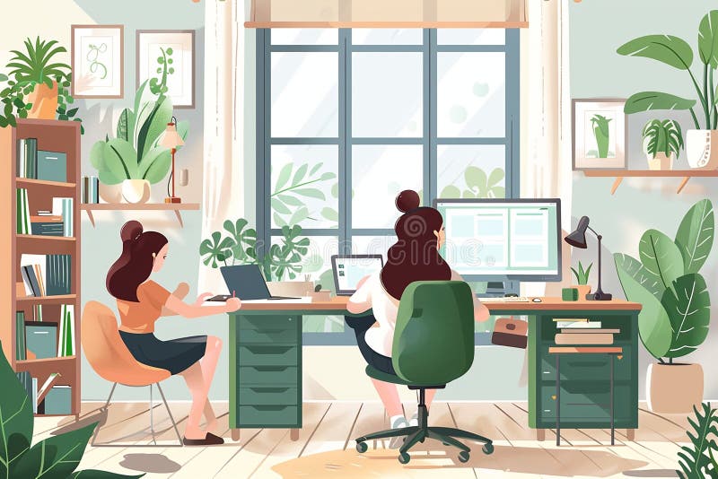 The Home Office Illustration, People Working on Their Computers or ...