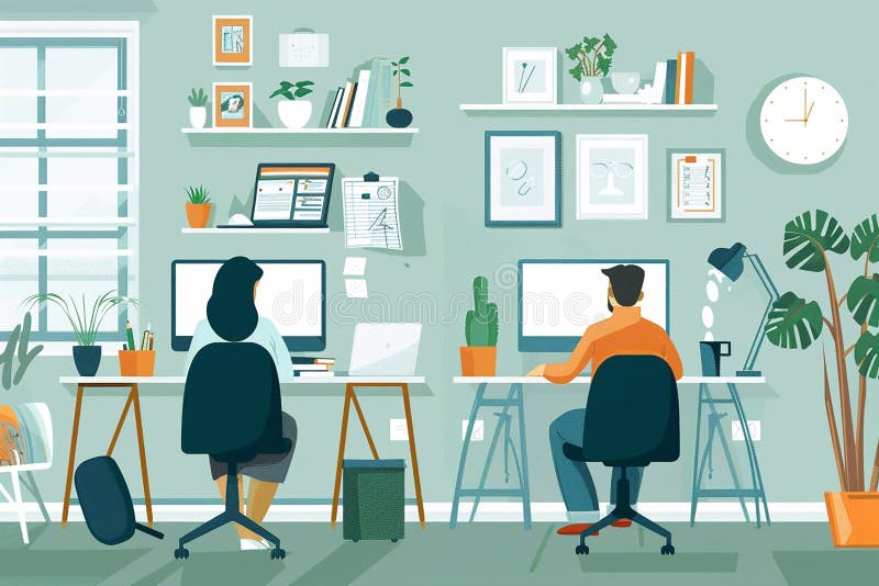 The Home Office Illustration, People Working on Their Computers or ...