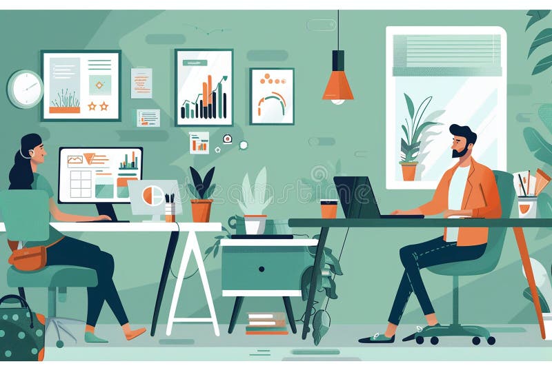 The Home Office Illustration, People Working on Their Computers or ...