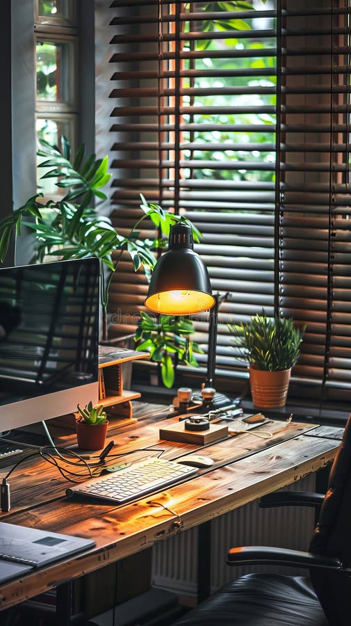 Home Office Interior with Computer Screen and Wooden Desk, Green Plants ...