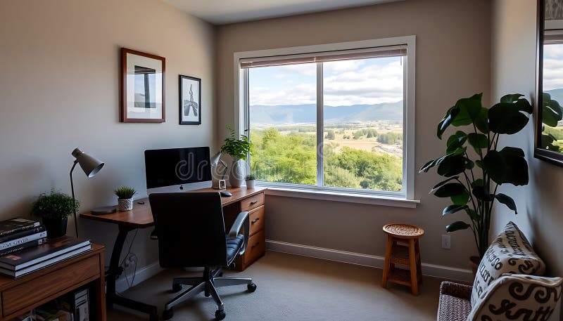 Home Office Interior with Desk, Computer, and Window View, Workspace ...