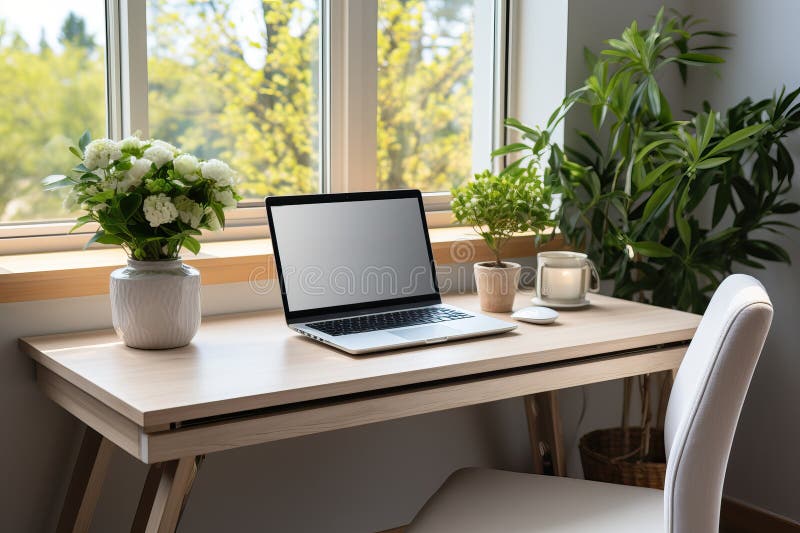 Home Office Interior with Desk, Flower Pots and Laptop. Stock Photo ...