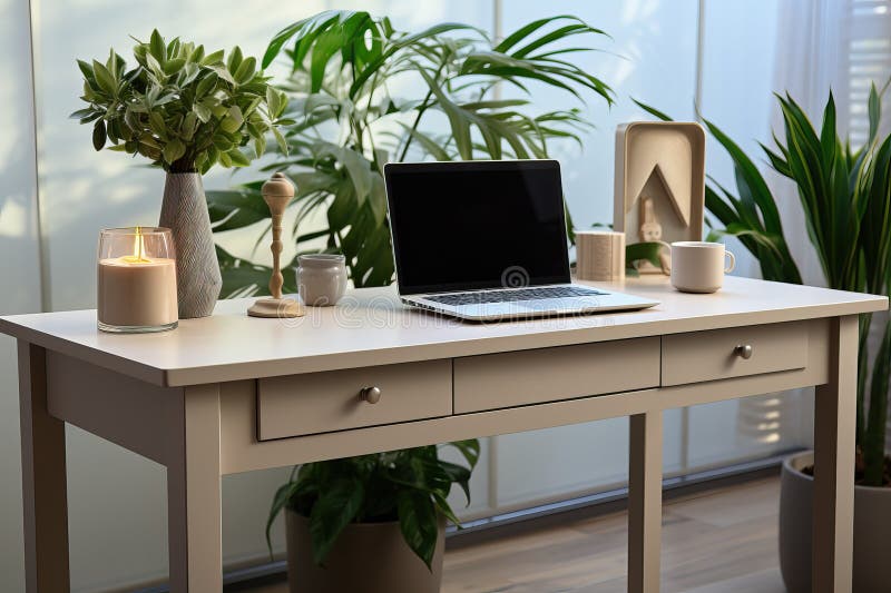 Home Office Interior with Desk, Flower Pots and Laptop. Stock Photo ...