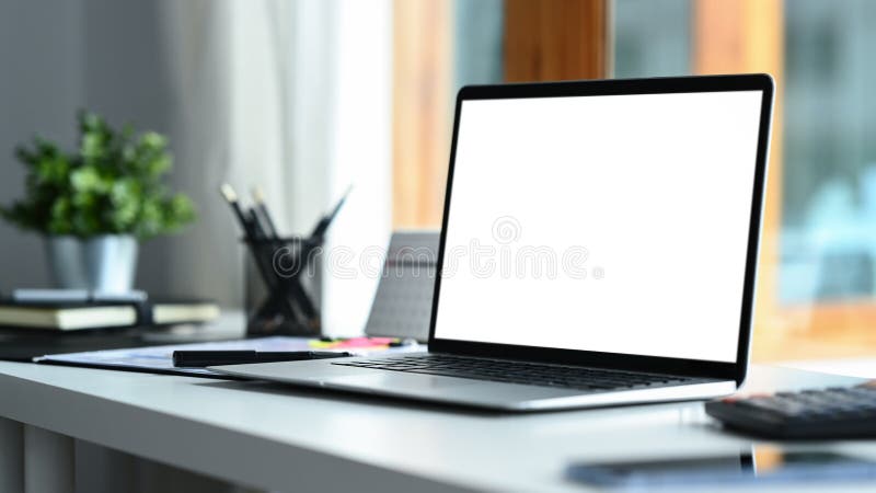 Home Office Interior , Laptop Computer with Blank Screen and Office ...