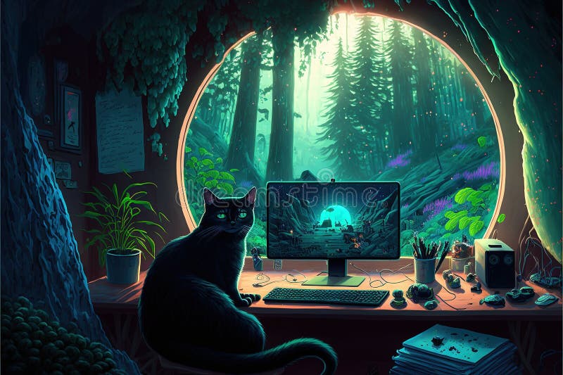 Home Office Interior with Large Window with Extension View of Forest ...