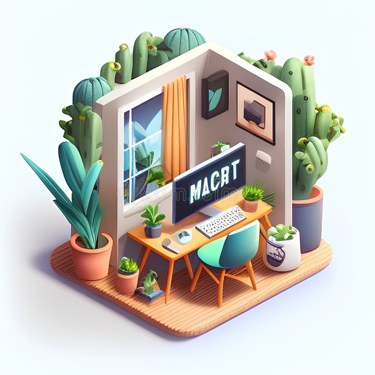 Home Office Isometric Composition with Desktop Computer, Coffee Table ...