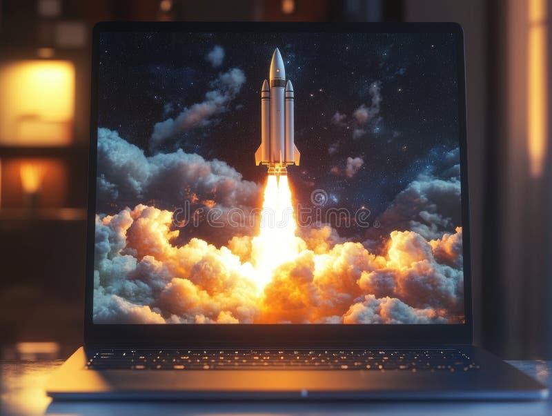 A Home Office Laptop Screen Features a Rocket Taking Off into Space ...