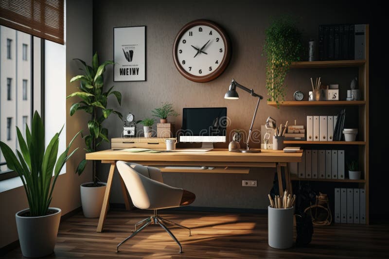 Home Office with Large Clock on the Wall. Generative AI Stock ...