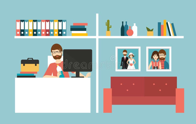Home Office. Man Work Day in Home Interior Stock Vector - Illustration ...