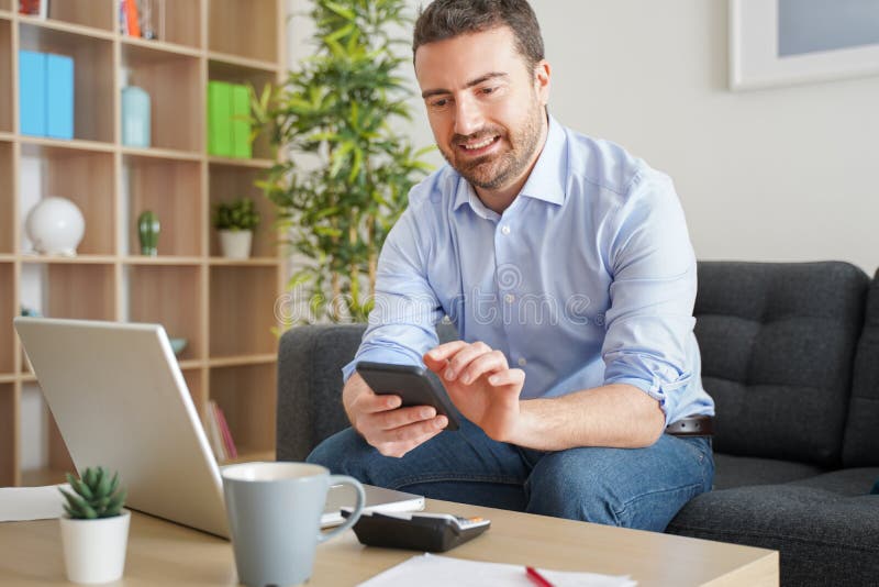 Home Office, Man Working from Home Portrait Stock Image - Image of ...