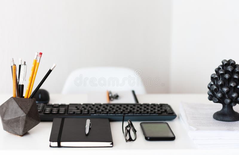 Home Office, Modern Workplace: White Table, Keyboard Laptop Computer ...