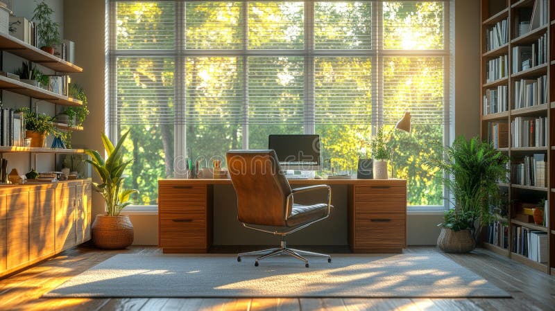 Home Office with Morning Sunlight - Generative AI Stock Illustration ...