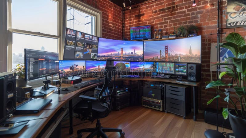 Home Office with Multiple Monitors Stock Image - Image of wall, skyline: 325456525