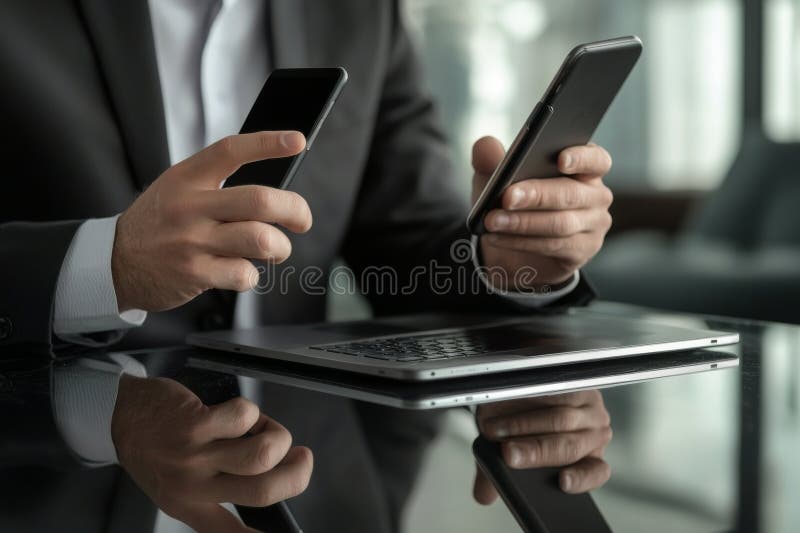 At Home Office, Multitasking Businessman Works on Computer Devices ...