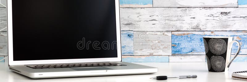 Home Office. Open Laptop with Blank Screen. a Wall Made of Old Boards ...