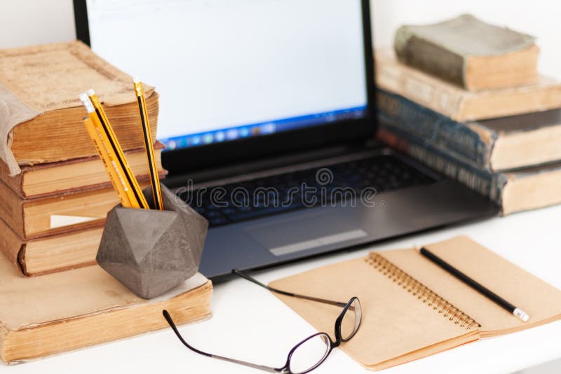 Open Textbook, Notebook, Smartphone, Laptop Computer, Stack of Books ...
