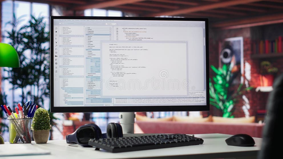 Home Office with PC Running Terminal Window for Programming Code Stock ...