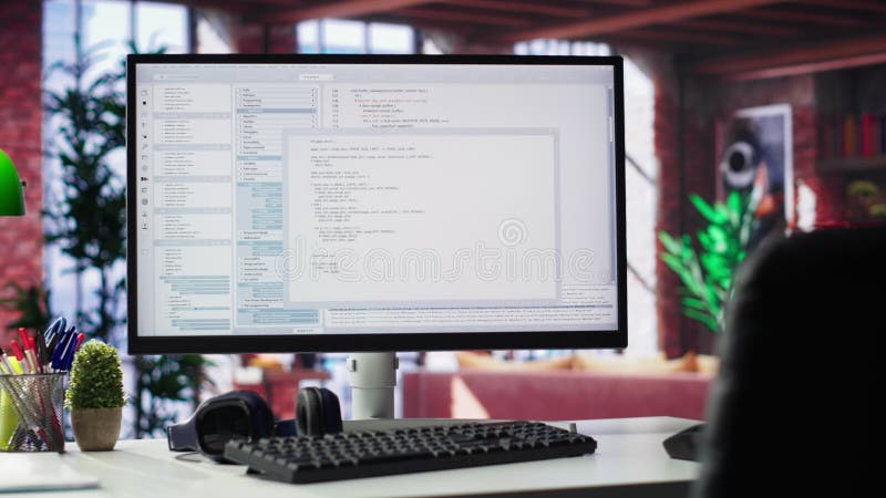 Home Office with PC Running Terminal Window for Programming Code Stock Video - Video of ...