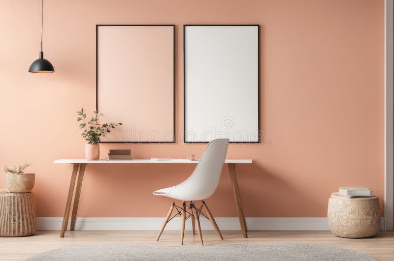 Home Office with Peach Walls and Elegant Poster Mockups Stock Photo ...