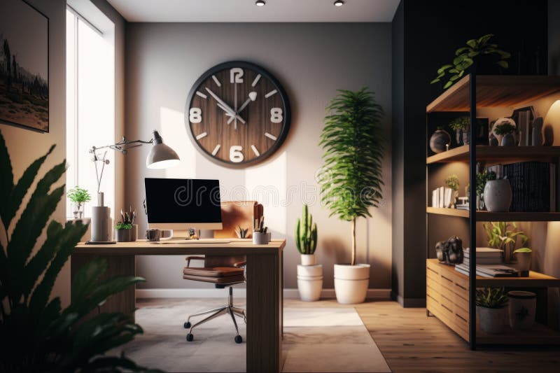 Home Office with Plants and Clock on the Wall. Generative AI Stock ...