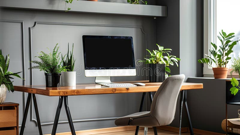 Home Office with Plants and a Computer Stock Illustration ...