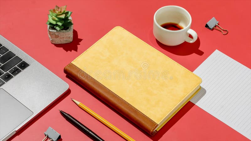 In the Home Office on a Red Table a Notebook Stock Video - Video of ...
