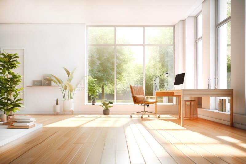 Home Office for Remote Work. White Walls with Desk and Sunlight Rays ...