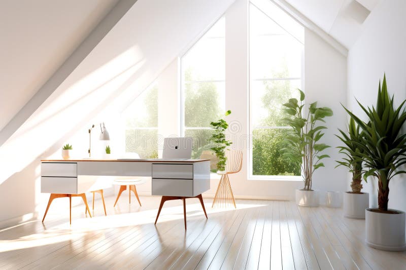 Home Office for Remote Work. White Walls with Desk and Sunlight Rays ...