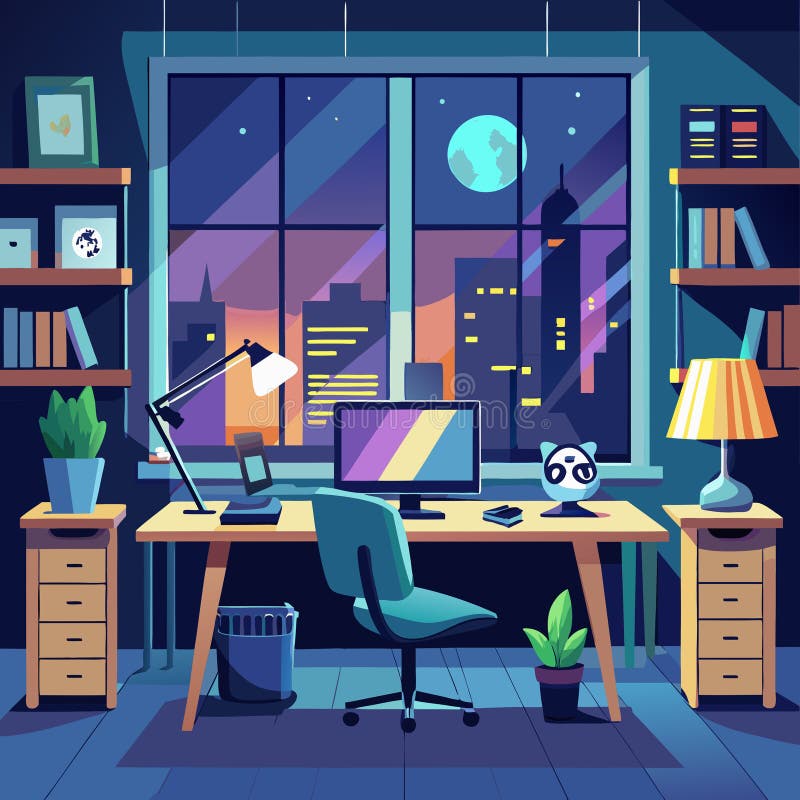 Home or Office Room with Computers on Desks at Night. Empty Work Room ...