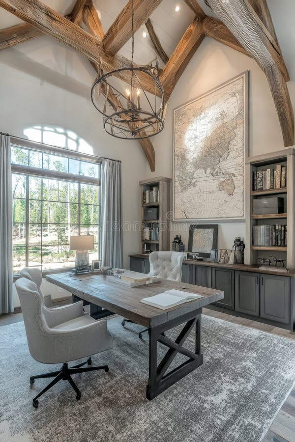 Home Office with Rustic Chic Style, Wooden Ceiling, and Furniture Stock ...