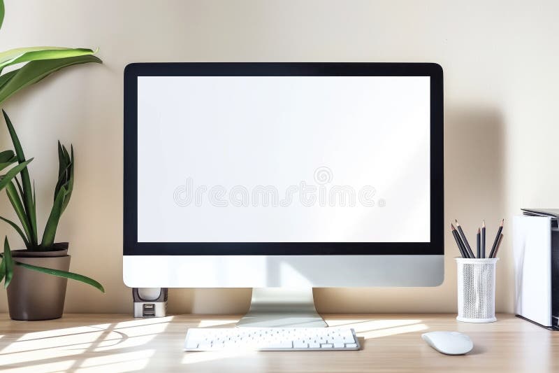 Home Office Setup with a Blank Computer Screen, Bathed in Natural Light ...