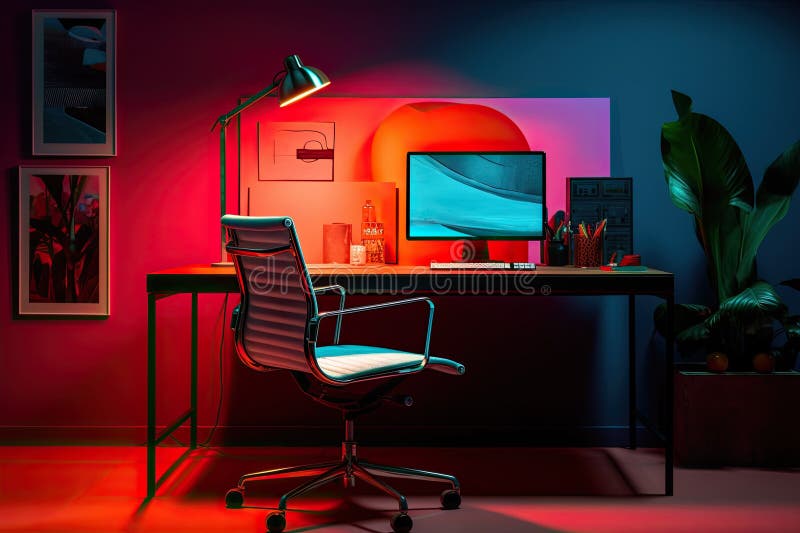 A Home Office Setup with Computer on Desk. Dark Room with Neon Lights ...