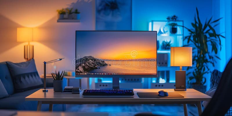 Home Office Setup with a Cozy Personal Computer Rig and Screen Monitor ...