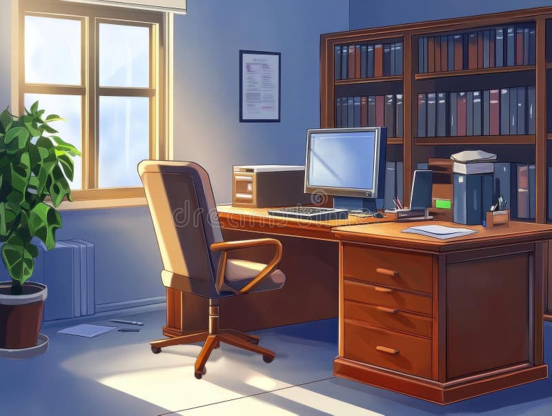 Home Office Setup: Desk, Chair, Books, Computer, Sunlight Stock ...