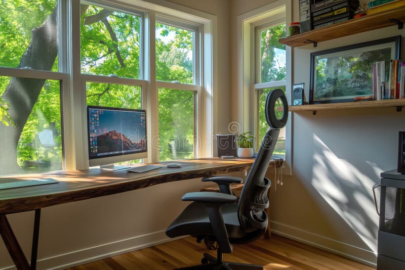 Home Office Setup with Desk, Chair, Computer on Wooden Floor Stock ...