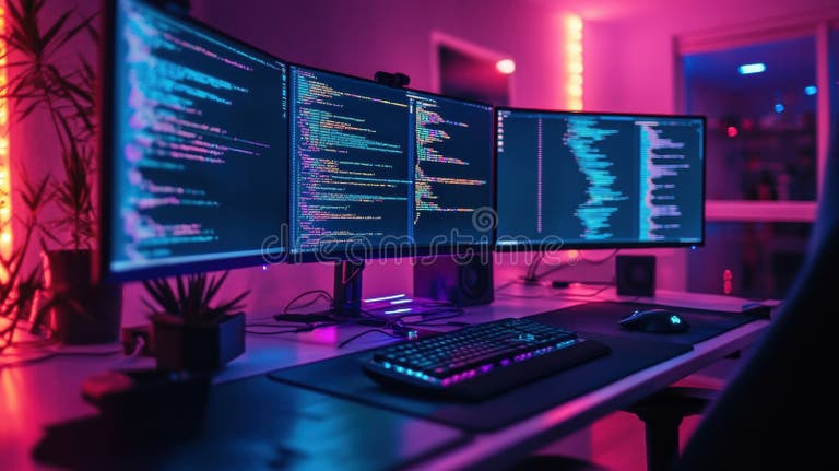 Modern Programmer Home Office with Multiple Screens and Vibrant Neon ...