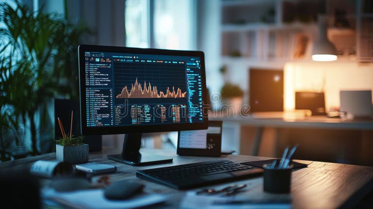 Home Office Setup with Financial Data on Screen Stock Image - Image of ...