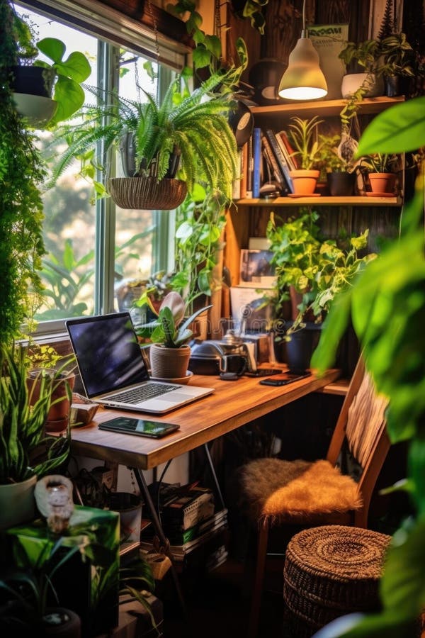 Home Office Setup with Laptop, Books, and Plants Stock Illustration ...