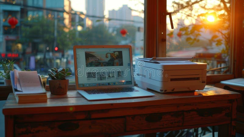 Home Office Setup with Laptop and Printer by a Sunny Window Sill Stock ...