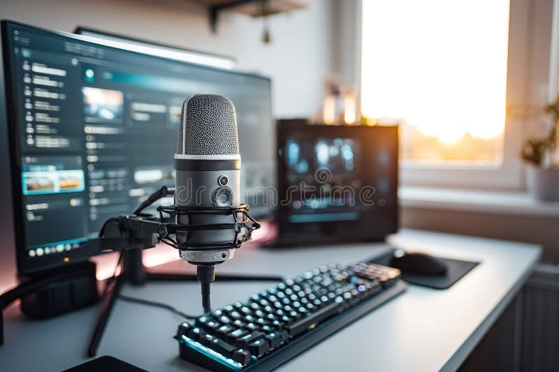 Home Office Setup with Microphone and Computer Screens during Sunset ...
