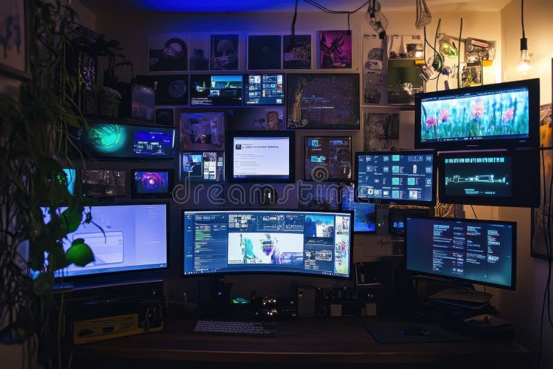 Home Office Setup with Multiple Monitors and Creative Wall Displays at ...