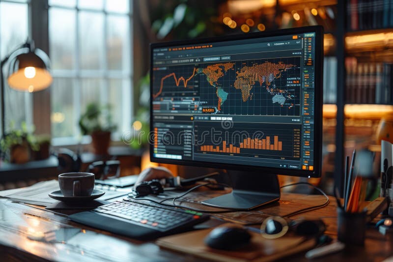 Home Office Setup with Multiple Screens Displaying Global Financial ...