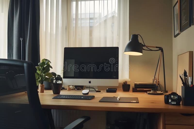 Home Office Setup, a Productive Workspace with Computer, Desk Lamp, and ...