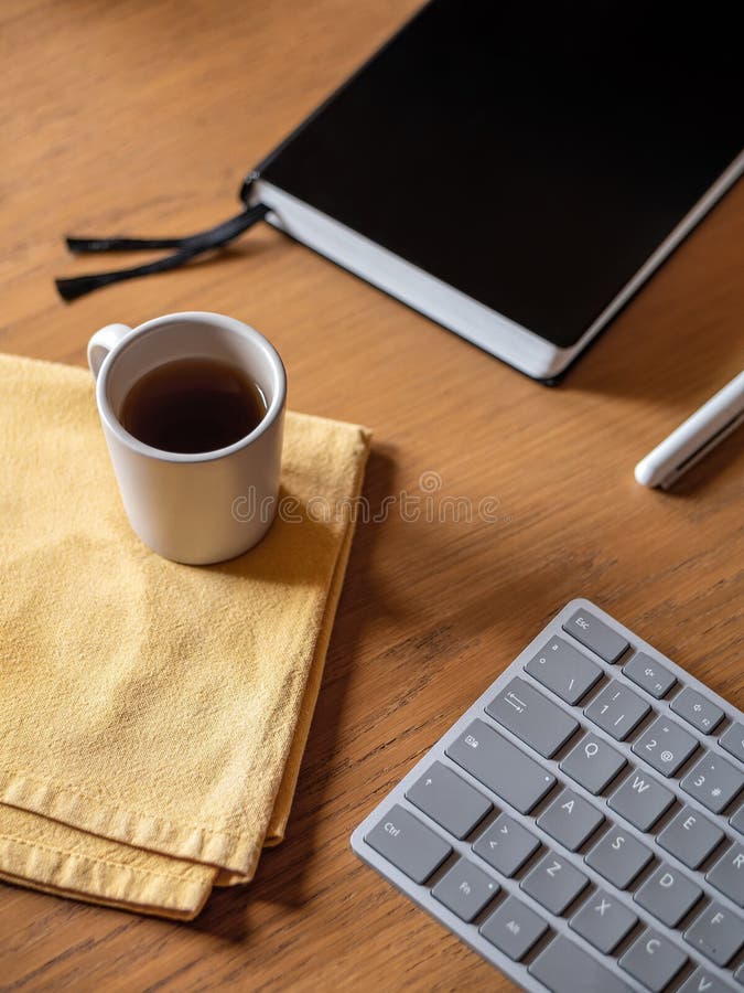 Home Office Setup, during Self-isolation. Keyboard, Notebook, Pen ...